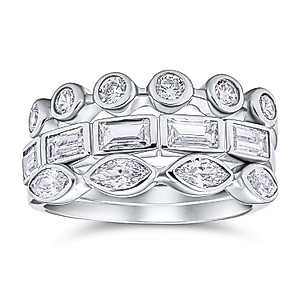 3 Set Geometric Cubic Zirconia Baguette Marquise Round CZ Stackable Wedding Band Ring Set For Women .925 Sterling Silver
