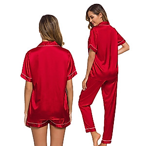 SWOMOG Womens 3pcs Pajamas Set Silk Satin Short Sleeve Sleepwear Button Down Loungewear Pjs Nightwear Red Medium
