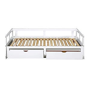 YSWH Pinewood Extending Daybed with Storage Drawers, Can Be Expanded from Twin Size to King Size, Sofa Bed Frame with Safety Guardrails, for Kids Teens (White)