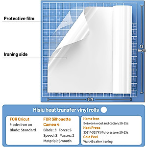 Hisiu White HTV Heat Transfer Vinyl,12" x8ft White Iron on Vinyl for T Shirts, White HTV Vinyl Roll Compatible with Cricut and All Cutting Machine, Stretch Vinyl Easy to Cut and Transfer DIY Design