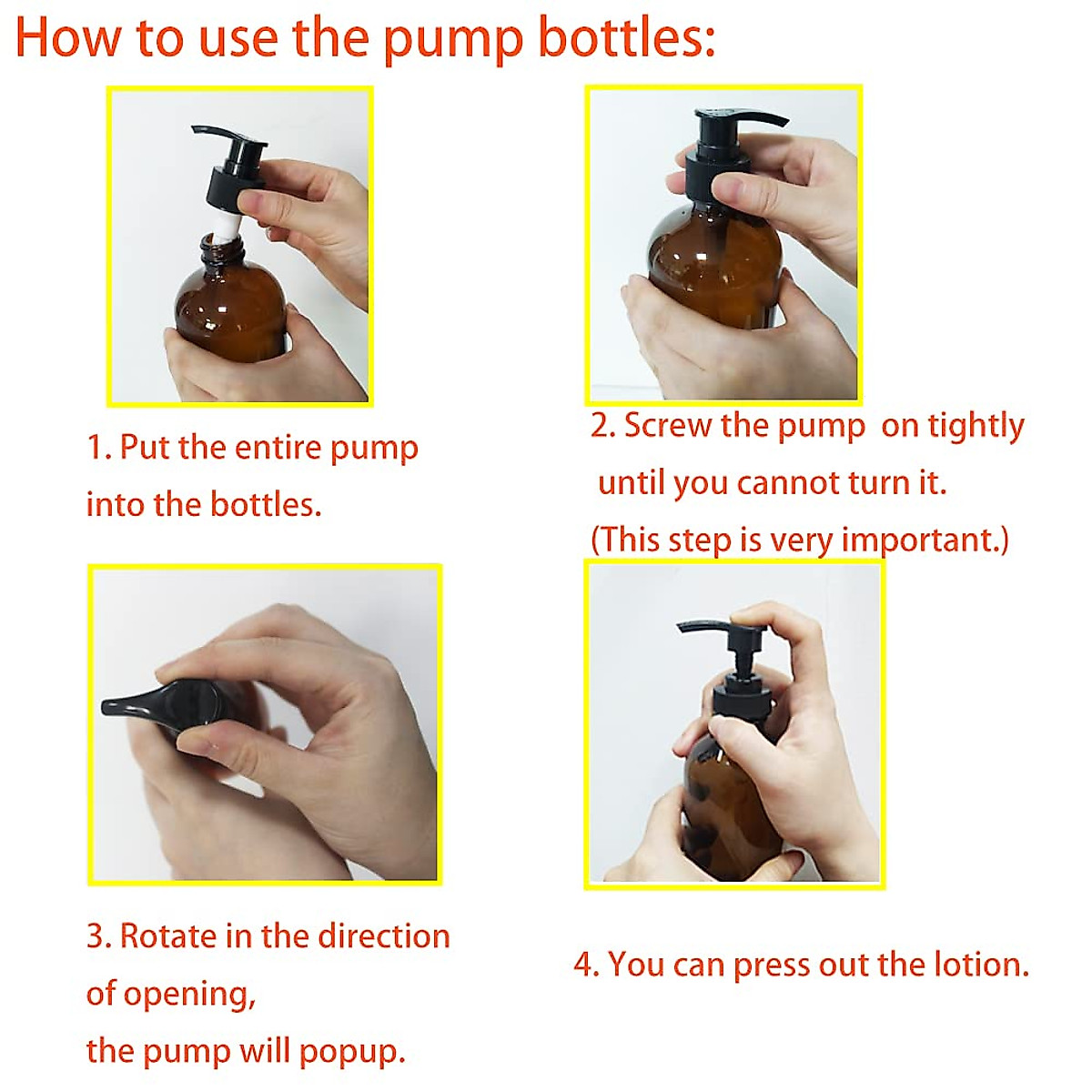 BPFY 4 Pack 16 oz Amber Glass Bottles with Pumps for Shampoo, Essential Oils, Cleaning Products, Lotions, Aromatherapy Oil, Pump Bottles, Refillable Containers with Cap, 8 Chalk Labels, 1 Pen