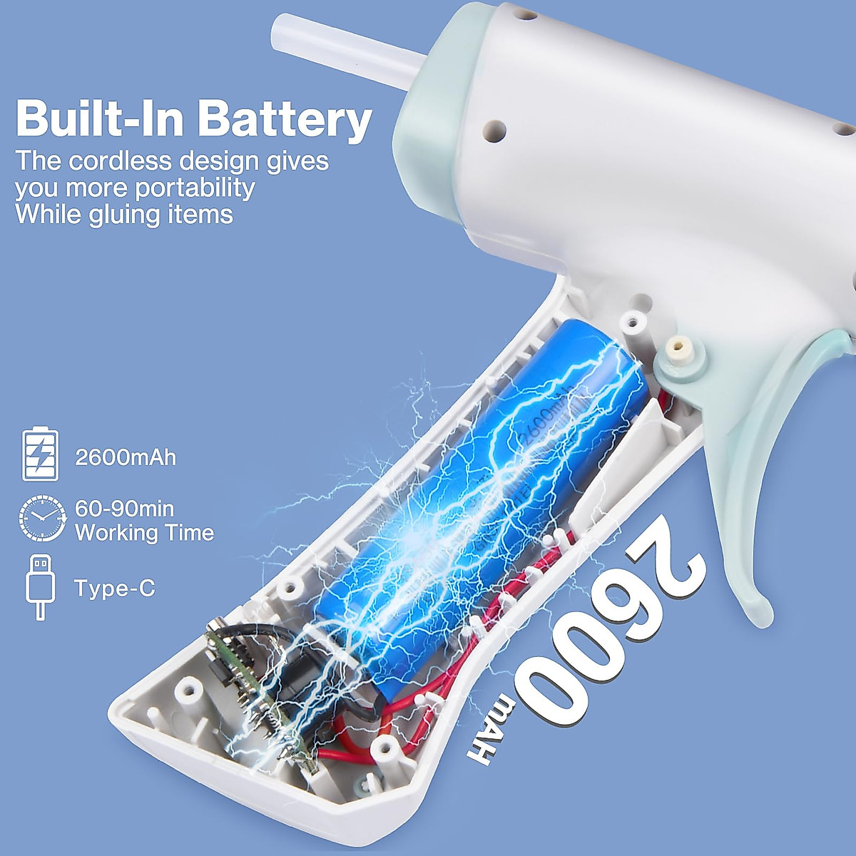 Lytool Full Size Cordless Hot Glue Gun, Wireless Power Glue Gun with 2600mAh Lithium Battery, 30pcs Glue Sticks, Silicone Pad, Finger Protectors