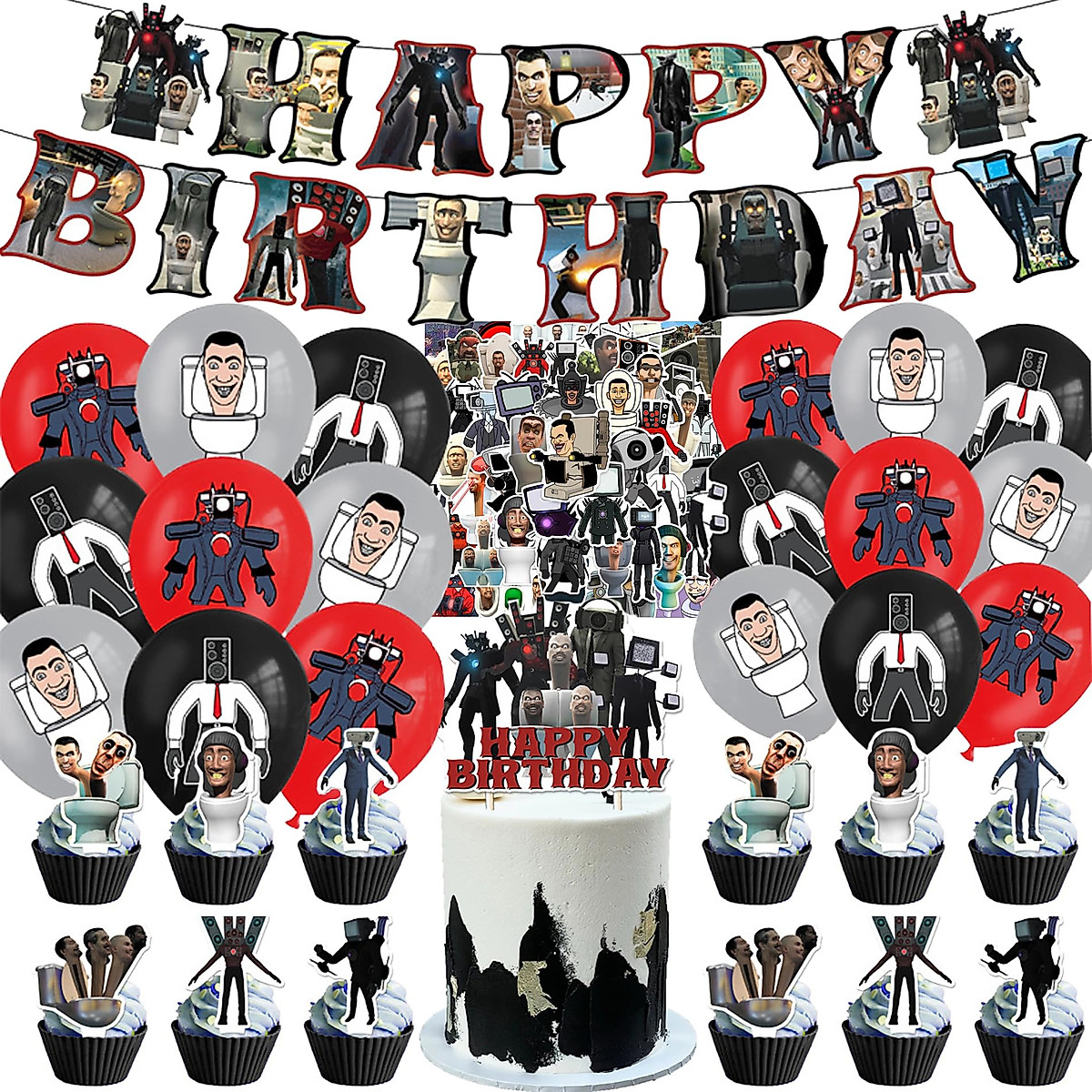 AOLDHYY Party Supplies,Including Birthday Bannner,Cake Topper,Ballon,Stickers,Suitable for Skibi-Toilet Birthday Party,Party Decoration