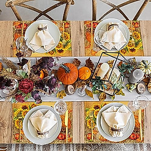 Fall Placemats Set of 4 Thanksgiving Pumpkin Table Placemats, 12x18 Inch Autumn Farmhouse Rustic Seasonal Holiday Outdoor Dining Table Place Mats for Home Party Dining Decoration(Sunflowers)