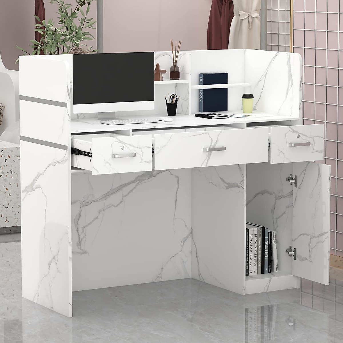 AGOTENI Reception Desk Reception Stations with Open Shelf & Drawers, Wooden Counter Desk with Lockable Drawer for Office Reception Room (Marble White)