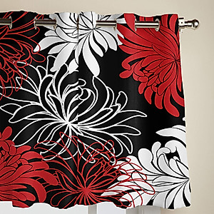 Black Out Window Curtains Floral Printed - 2 Panels Thermal Curtain Drapes Insulated Window Treatments for Bedroom Living Room, W 27.5 x L 39 inches Chrysanthemum Flower Red Black White, One Pair