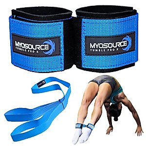 Myosource Kinetic Bands Tumble Pro X Ankle Straps Kit – Cheerleading Standing Tumbling Equipment, Gymnastics Backhandspring Trainer – Includes Flexibility Stunt Stretch Strap – Blue