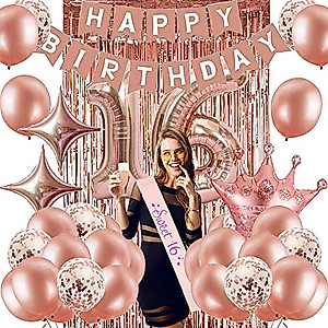 16th Birthday Decorations for Women, Rose Gold Sweet 16 Birthday Party Decoration for Her, 16th Happy Birthday Banner Kits Rosegold Balloons Decoration for Girls Women 16th Birthday Party Supplies
