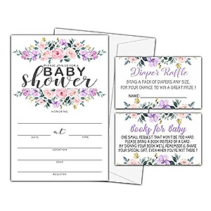 Baby Shower Invitation Kit, Diaper Raffle Games, Books For Baby, Blush Pink Floral Baby Gender Reveal Fill In Invites Cards, Each Design 25 Cards & 25 Envelopes （A Total of 100 set） - BABYSET-001