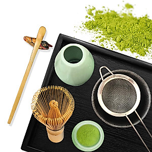 Artcome Japanese Matcha Tea Set, Matcha Whisk, Traditional Scoop, Matcha Bowl, Black Bamboo Tray, Ceramic Whisk Holder, Matcha Caddy, Handmade Matcha Ceremony Kit For Japanese Tea Ceremony (10Pcs)