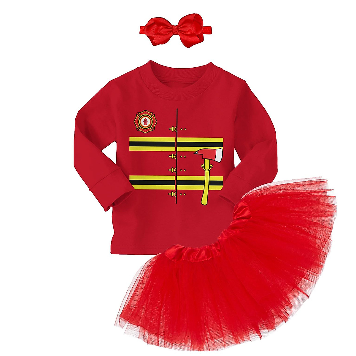 Firefighter Outfit - Firetruck Long Sleeve Toddler T-Shirt + Tutu Skirt + Bow Headband Set (Long Sleeve Red T-Shirt/Red Tutu, 4T)