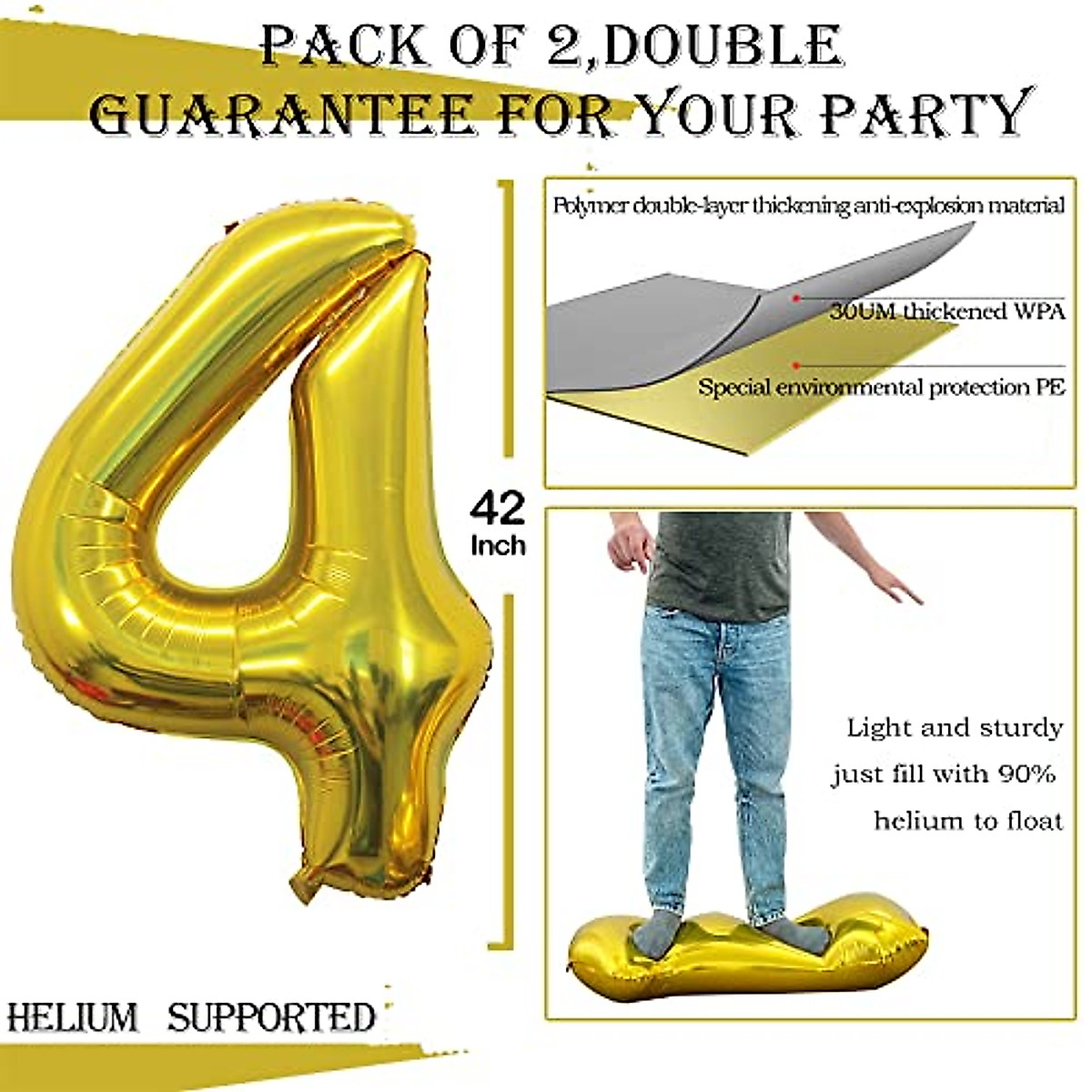 GOER 2 Pcs 42 Inch Gold Foil Balloons Number 4,Huge Number Balloons for 4th 44th Birthday Party Supplies Anniversary Decorations