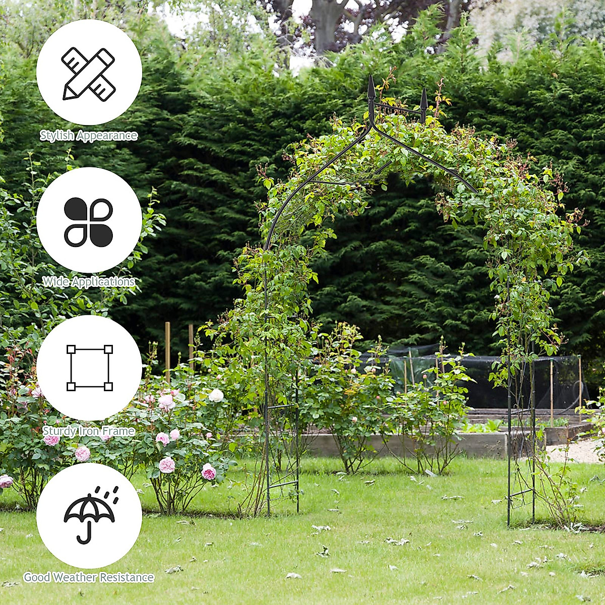 GOFLAME Garden Arch Steel, Rose Arbor for Various Climbing Plant, Outdoor Garden Lawn Backyard, Gothic Style Heavy Duty Wedding Party Ceremony Decoration (Black)