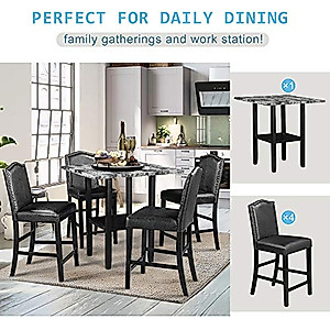 TARTOP Set 5 Piece Matching Bottom Shelf for Dining Room, Faux Marble Kitchen 4 Persons,Black Chair+Gray Table