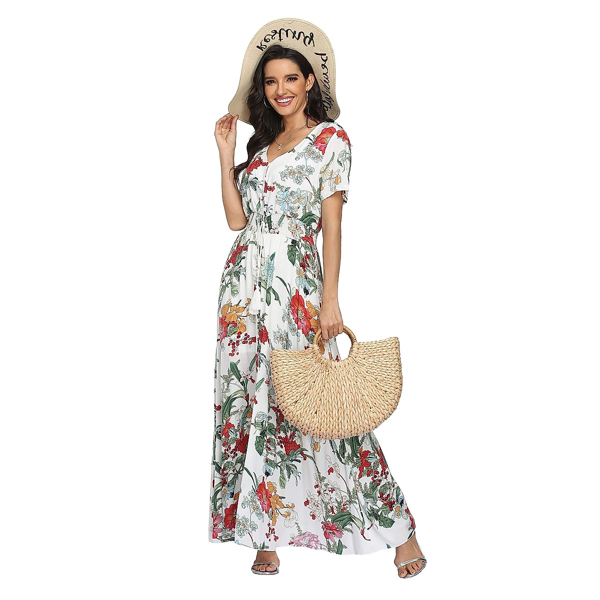 VintageClothing Women's Floral Maxi Dresses Boho Button Up Split Summer Casual Long Dress Beach Party Dress, L