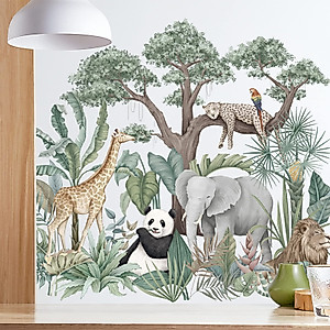Tropical Green Plant Jungle Animal Wall Stickers, Removable Large Tree Vinyl Wallpaper Decal, DIY Art Murals for Kids Bedroom Nursery Home Decor (A)