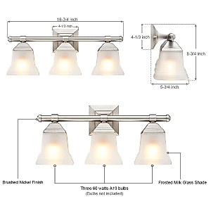 Eurus Home 3-Light Bathroom Vanity Light Fixture Brushed Nickel Bathroom Lighting Fixture W/Frosted Milk Glass Shade