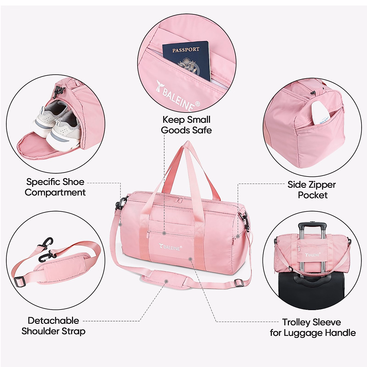 BALEINE Gym Bag for Women and Men, Small Duffel Bag for Sports, Gyms and Weekend Getaway, Waterproof Dufflebag with Shoe and Wet Clothes Compartments, Lightweight Carryon Gymbag (Pink)