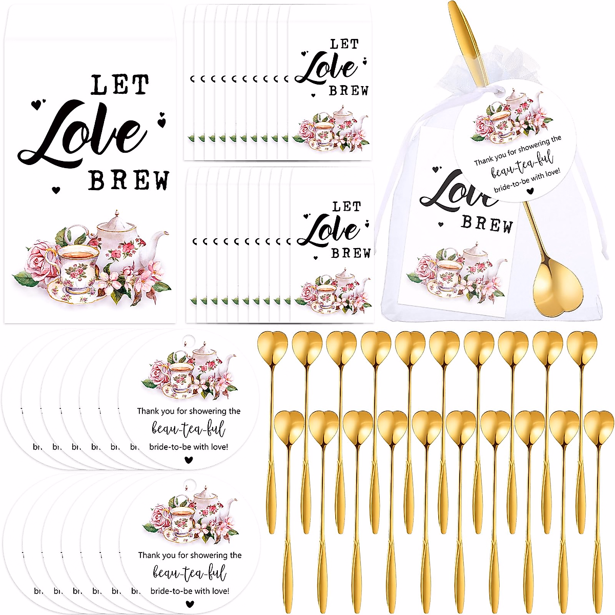 Skybooly 50 Set Tea Party Bridal Shower Favors Tea Bags Tea Packets Kraft Paper Envelopes Heart Spoon Mini Coffee Spoons with Thank You Card and Organza Bag Wedding Souvenirs Tea Party Favor for Guest
