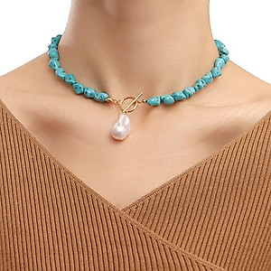Darren' Irregular Natural Turquoise Necklace 16 Inch,Irregular Pearl Shape Pendant,Single Layered Necklaces for Women,Bohemian Necklace,Handmade Pendant