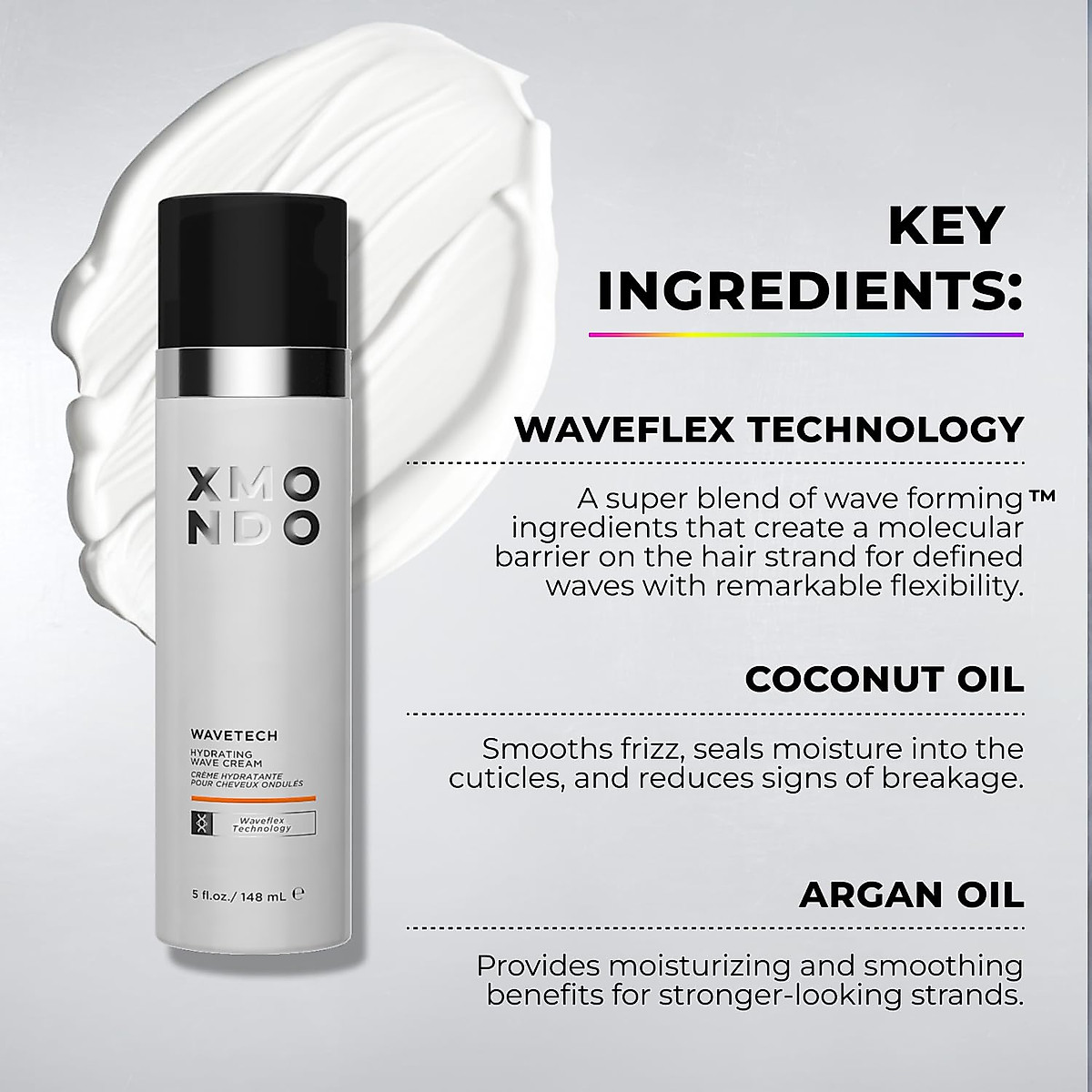 XMONDO Hair Wavetech Hydrating Wave Cream - Vegan Formula with Coconut & Argan Oil for Breakage Protection and Hair Hydration, 5 Fl Oz 1-Pack