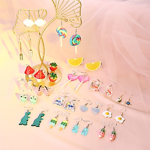Subiceto 20 Pairs Weird Funny Earrings For Women Teens Gummy Bear Goldfish Water Bottle Mushroom Dinosaur Moon and Stars Strawberry Egg Cute Aesthetic Drop Dangle Earring Set