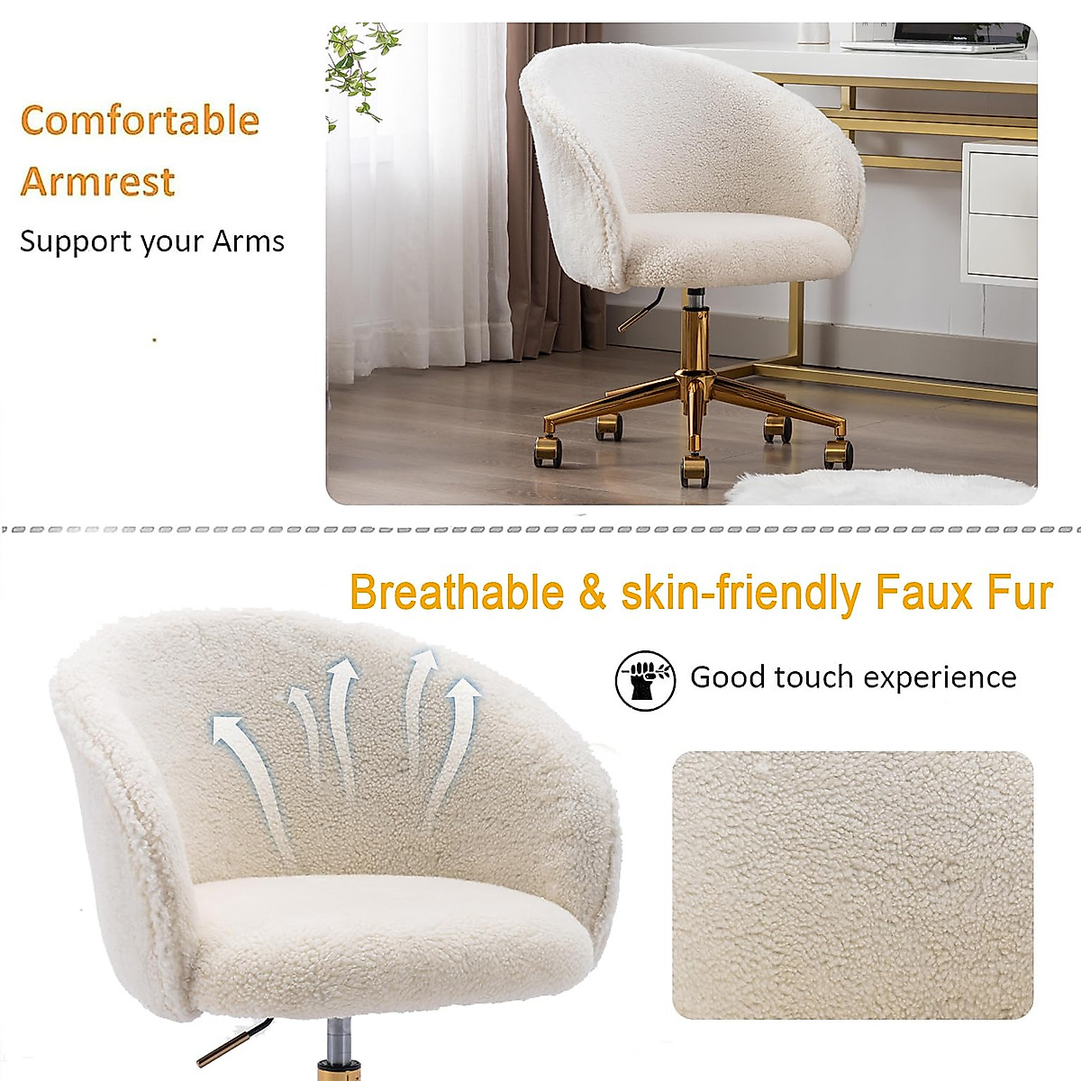 White Modern Faux Fur Home Office Chair, Upholstered Round Fluffy Chair Makeup Vanity Chair for Teen Girls Swivel Desk Chair with Gold Base, 3'' Adjustable Height Leisure Elegant Office Chair