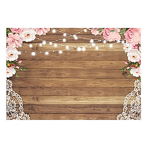 Funnytree 7X5ft Flowers Wood Lace Rustic Backdrop Wedding Floral Photography Background Wooden Board Floor Bridal Shower Baby Birthday Party Bride Banner Photo Studio