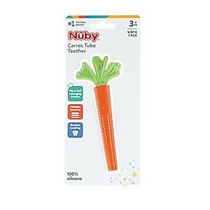 Nuby Silicone Carrot Tube Teether - Baby Teething Toy - Massaging Bristles for Sore Gums - 3+ Months - Toddler Easter Basket Stuffer