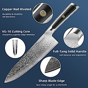 Sunnecko Knife Sets for Kitchen with Block,7 PCS Damascus Kitchen Knife Set,67-Layer Japanese VG10 High Carbon Stainless Steel Blade,Full Tang Forged,Ergonomic Handle,Whetstone&Scissors Include