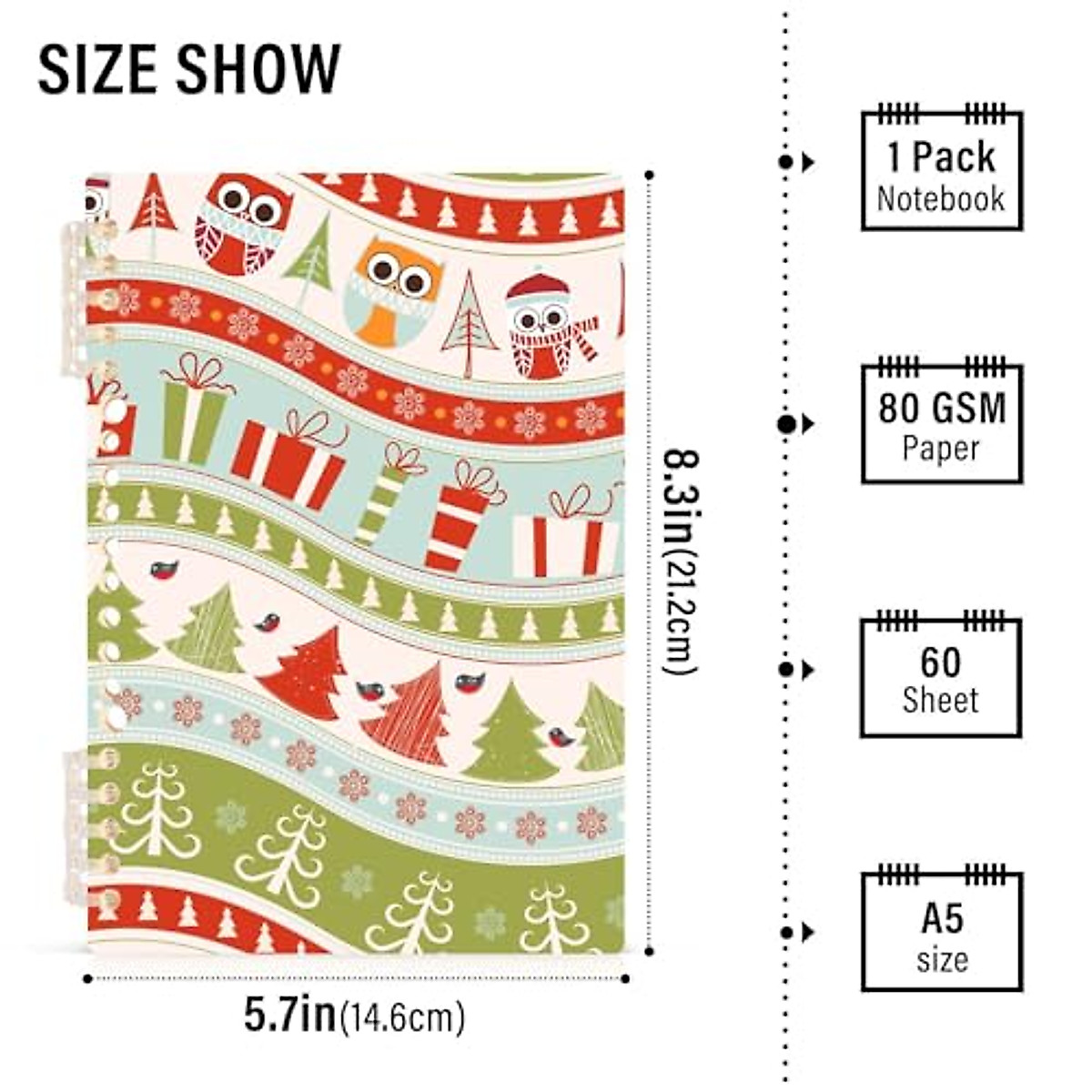SPRIPORT Christmas Trees Owls Spiral Journal Notebook for Women Men A5 Memo Notepad Sketchbook with Durable Hardcover & 60 Pages Writing Journal for Boys Grils Study Notes Work School Journaling