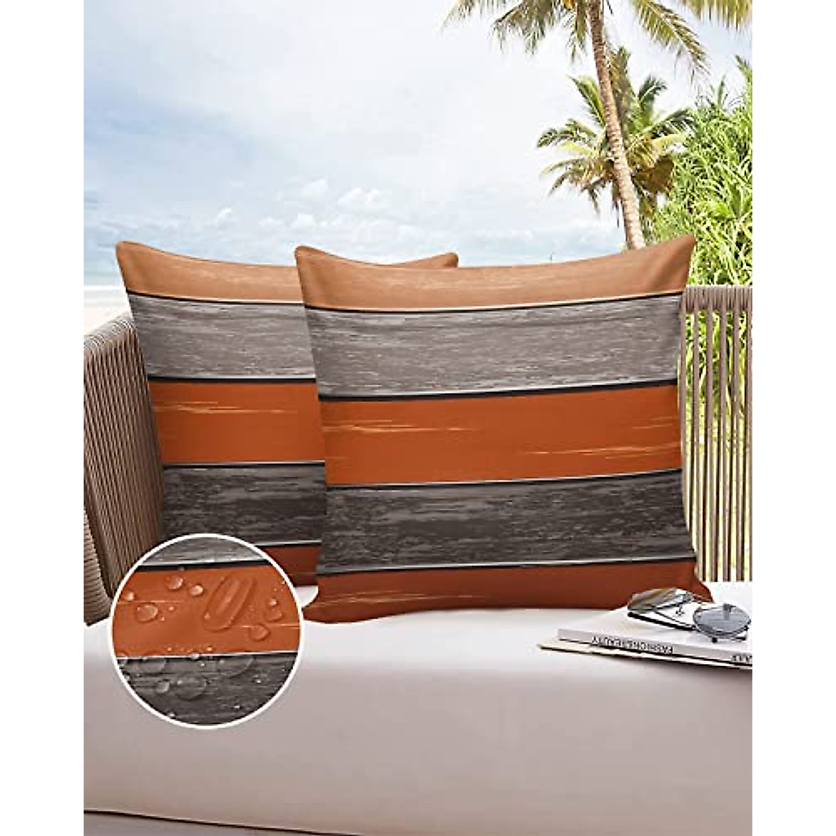 Outdoor Waterproof Pillow Covers for Patio Furniture Wooden Board Decorative Throw Pillow Cover Autumn Orange Ombre Wood Grain Pillowcases Set of 2 Cushion Case for Sofa Couch Chair 16 x 16 in