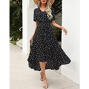 Maggeer 2024 Spring Summer Dress for Women Short Sleeve Cute High Low Flowy Graduation Engagement Bridal Shower Beach Maxi Dress Black Polka Dot M