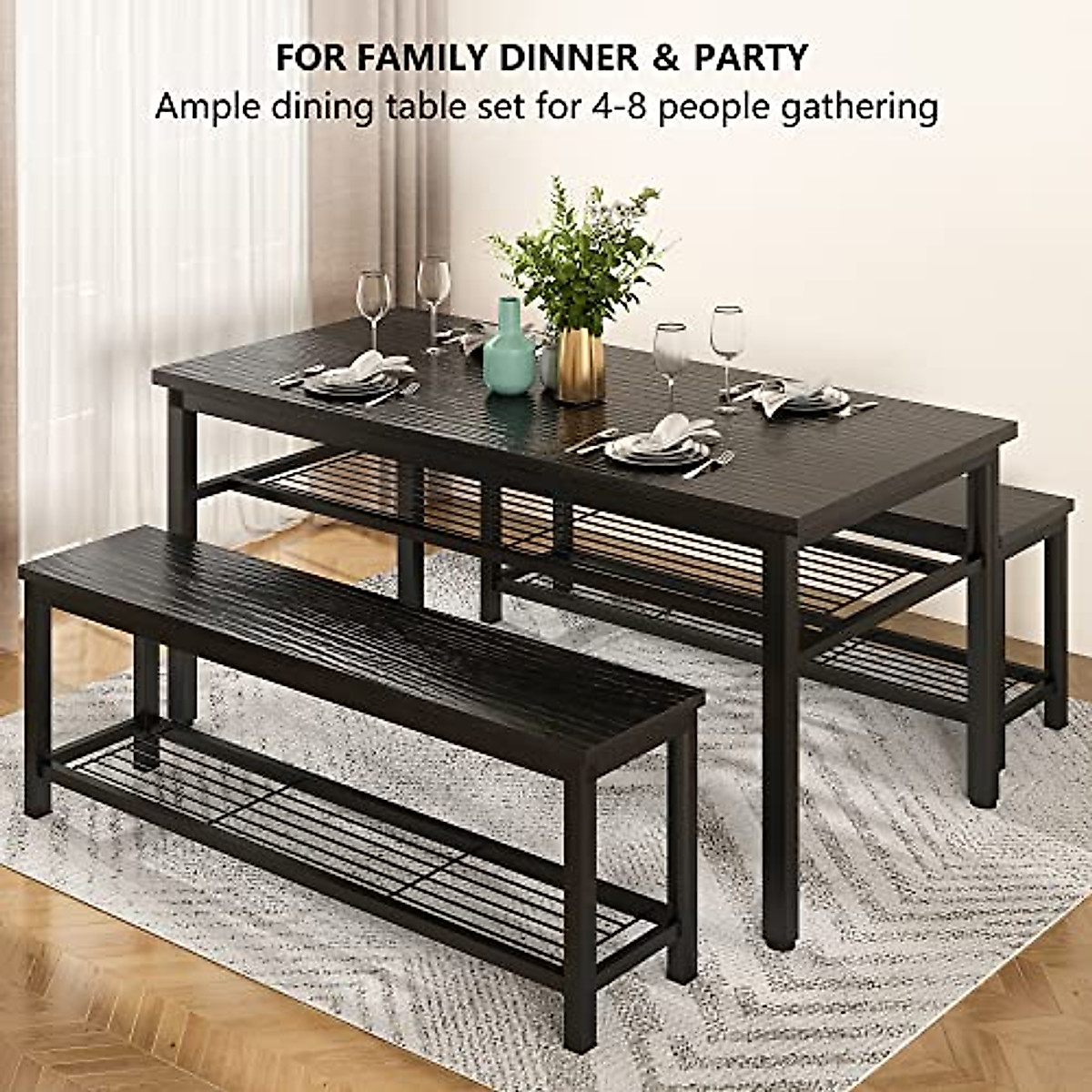 AWQM Dining Room Table Set, Kitchen Table Set with 2 Benches, Ideal for Home, Kitchen and Dining Room, Breakfast Table of 47.2x28.7x28.7 inches, Benches of 40.5x11.0x17.5 inches, Black