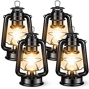 4 Pcs LED Vintage Lanterns Battery Operated Lantern Warm White Old Hurricane Lantern Antique Metal Hanging LED Lantern Lamp with Dimmer Switch for Indoor Table Outdoor Camping Lighting, Black