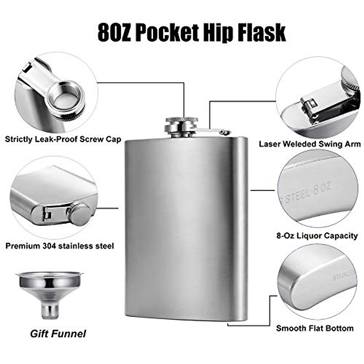 Hillside-Kit Hip Flask for Liquor 8 Oz Stainless Steel Leak proof with Funnel Flask set men flask women flask set (Silver 2pcs)