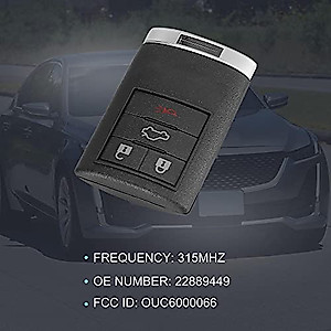 X AUTOHAUX Replacement Keyless Entry Remote Car Key Fob OUC6000066 315MHz for Cadillac STS 2008-2011 DTS 2008-2011 CTS 2008-2013 22889449 4 Key Button