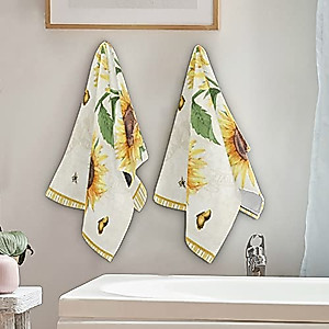 Pfrewn Sunflowers Hand Bath Towel Set of 2 Retro Flowers Butterfly Bathroom Towels 16x30 in Soft Absorbent Guest Towels Hanging Kitchen Dish Towel Decor