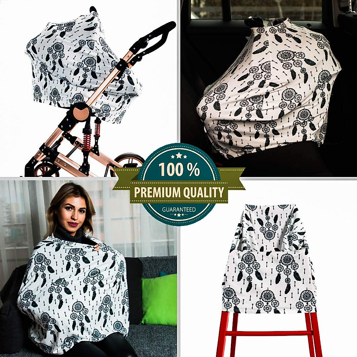 Premium Soft - Nursing Breastfeeding Cover Scarf, Baby Car Seat Cover - Multi Use Nursing Cover Pattern - Ideal Grocery Cart Cover and Highchair - Stretchy Canopy - Dream Catcher by GUFIX