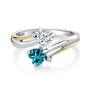 925 Silver and 10K Yellow Gold Moissanite by Charles & Colvard and London Blue Topaz with Lab Grown Diamond Women 2 Heart Engagement Mother Ring (1.07 Cttw, Available in Size 5,6,7,8,9)