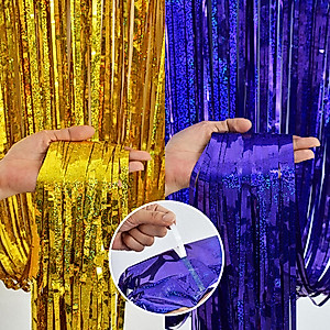 BEISHIDA 4 Pcs Blue and Gold Party Streamers Fringe Foil Curtain Backdrop Tinsel Background Party Decoration for Door Wall Graduation Birthday Wedding Anniversary Party Decoration(3.28 Ft x 8.2 Ft)