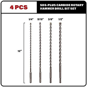 Sabre Tools 4-Piece 12in SDS Plus Drill Bit Set, Carbide Tipped, Rotary Hammer Drill Bits for Brick, Stone, Concrete (1/4" x 12", 5/16" x 12", 3/8" x 12", 1/2" x 12")