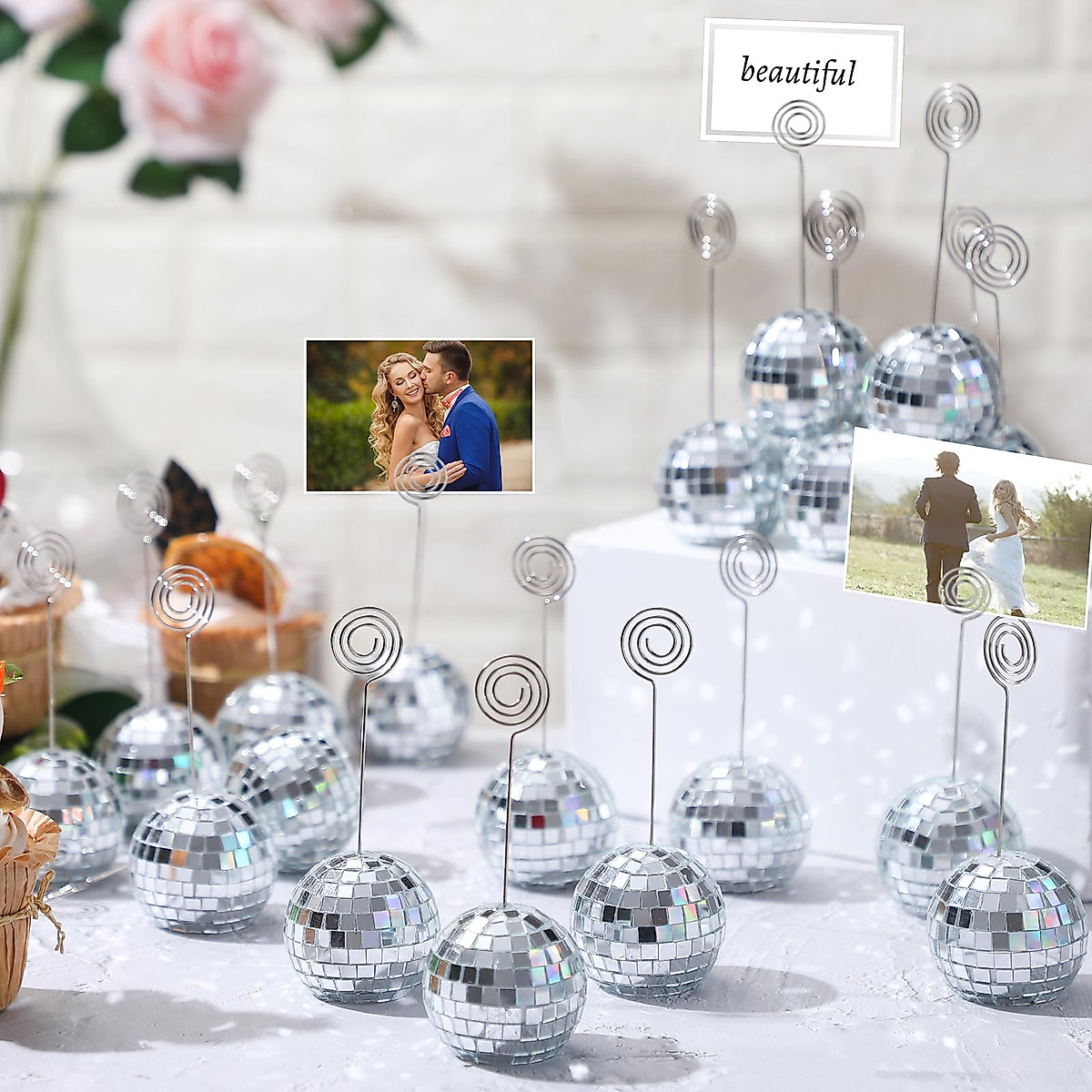 Uiifan 20 Set Picture Holders Disco Ball Table Name Card Holder Disco Ball Table Number Stands Photo Holder with Swirl Wire and Place Cards for Display Menu Wedding Party Birthday (Silver,2 Inch)