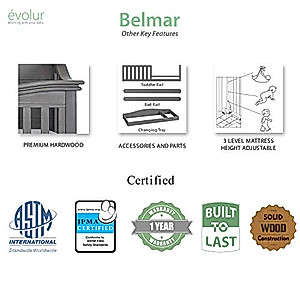 Evolur Belmar Curve 5-in-1 Convertible Crib in Rustic Grey, Greenguard Gold Certified, Features 3 Mattress Height Settings, Crafted from Hardwood, Wooden Nursery Furniture