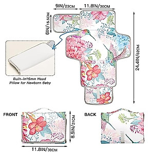 Flowers Birds Portable Baby Changing Pad Travel Diaper Changing Pad Foldable Waterproof Changing Station with Built-in Pillow for Baby Gifts Newborn