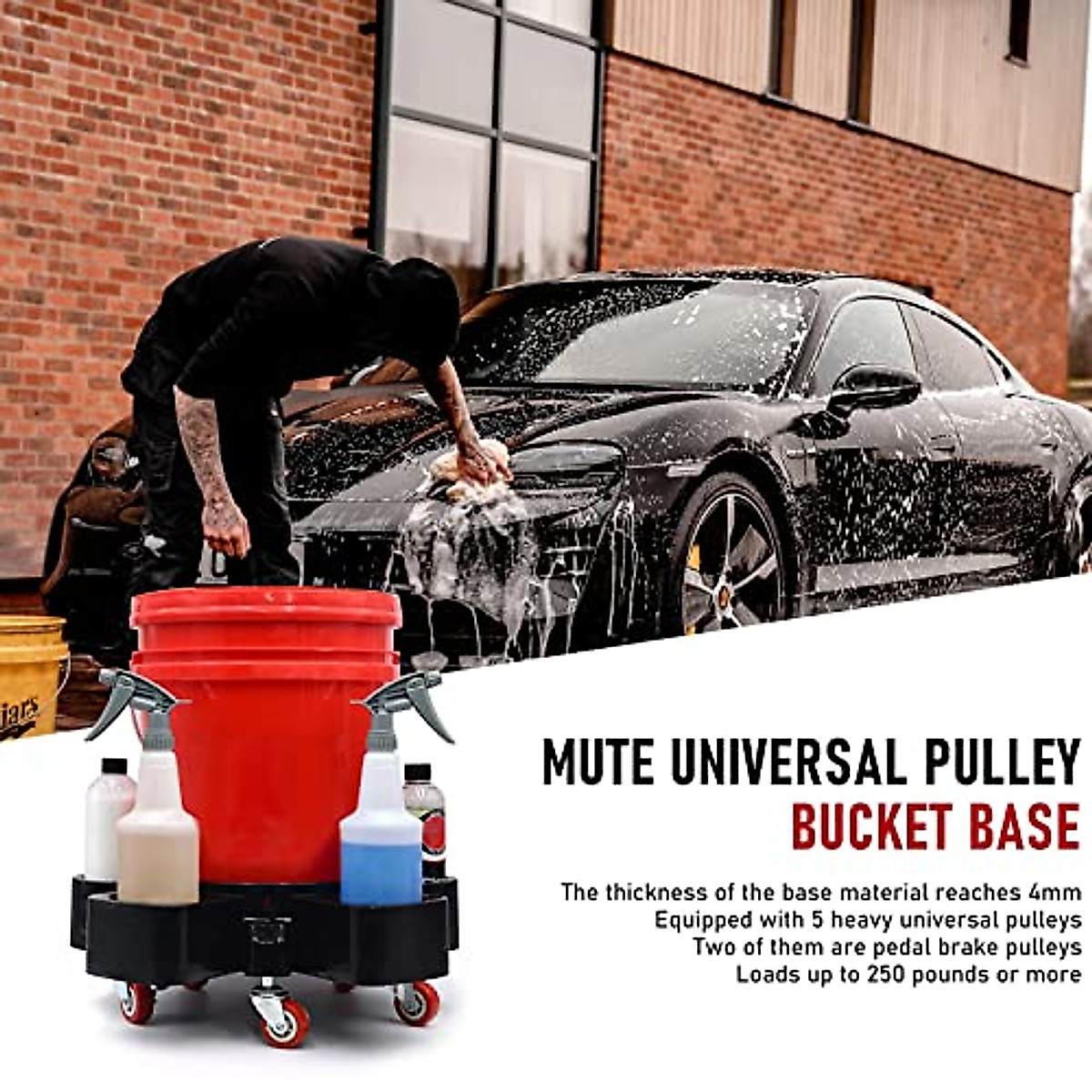 Bucket Dolly 5 Gallon Rolling Bucket Dolly with 5 Rolling Swivel Casters,Heavy Duty Rolling Dolly for Car Wash with Glove ＆ Sand Barrier Net for Car Washing, Detailing, Garage