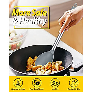 Pack of 2 Large Silicone Cooking Spoon Non Stick Solid Basting Spoons Heat-Resistant Kitchen Utensils for Mixing Serving (Gray-Blue)