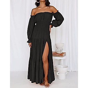 ZESICA Women's 2023 Boho Sexy Off Shoulder Long Sleeve Smocked High Waist Side Split Flowy A Line Tiered Long Maxi Dress,DarkBlack,Large