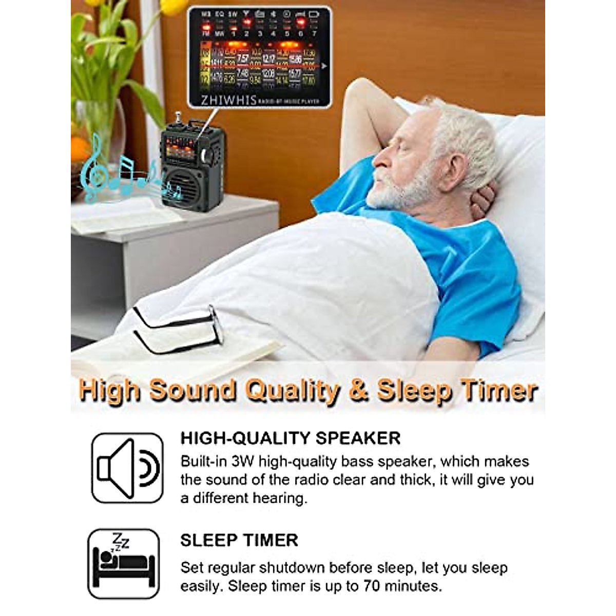 ZHIWHIS Shortwave Radio, Bluetooth Speakers with Sleep Timer, Weather AM FM SW Radios with NOAA Alerts, Retro Analog Tuner with Preset, Rechargeable MP3 Player with 6 EQ Support MicroSD Card ZWS-700