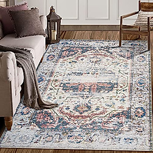 RUGSREAL Washable Rug for Living Room 5x7 Vintage Distressed Carpet Oriental Area Rug Foldable Non-Slip Low-Pile Area Rug Boho Rug for Bedroom Dining Room Home Office, 5' x 7' Blue/Red